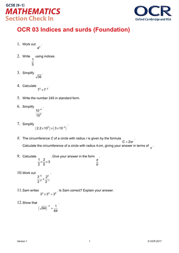 OCR Maths: Foundation GCSE - Section Check In Test 3 Indices and surds ...