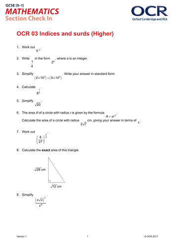 OCR Maths: Higher GCSE - Section Check In Test 3 Indices and surds ... OCR Maths: Higher GCSE - Section Check In Test 3 Indices and surds ...
