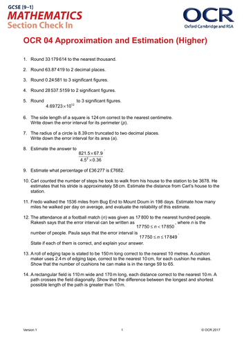 OCR Maths: Higher GCSE - Section Check In Test 4 Approximation and ... OCR Maths: Higher GCSE - Section Check In Test 4 Approximation and ...