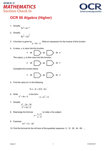 OCR Maths: Higher GCSE - Section Check In Test 6 Algebra | Teaching ...
