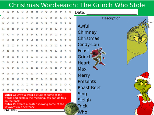Christmas The Grinch Wordsearch End of Term Quiz Starter Settler ...