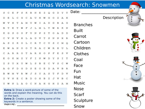 Christmas Snowmen Wordsearch End of Term Quiz Starter Settler Activity ...