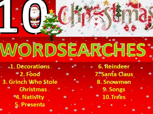 10 x Christmas Wordsearches End of Term Quiz Starter Settler Activity ...