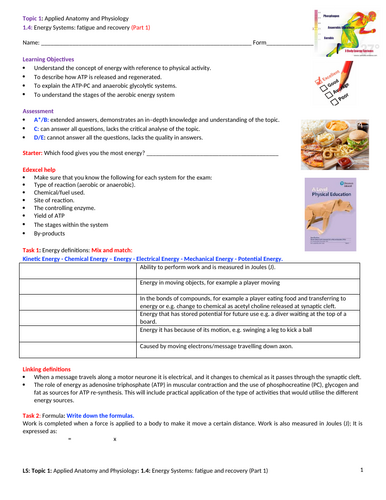 A-Level PE EDEXCEL (spec 2016) 1.4. Energy Systems: Part 1 | Teaching ...