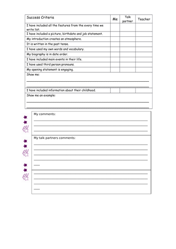 Biography Success Criteria | Teaching Resources