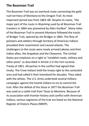 The Bozeman Trail Handout | Teaching Resources