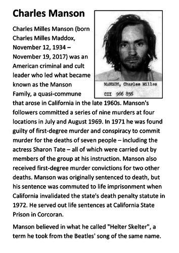 Charles Manson Handout | Teaching Resources