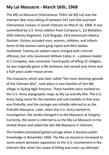 My Lai Massacre Handout | Teaching Resources
