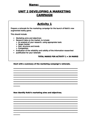 Unit 2 Developing a Marketing Campaign BTEC Level 3 | Teaching Resources