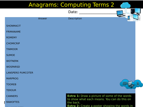 Computing Key Terms Anagrams Sheet 2 Ict Technology Starter Activity