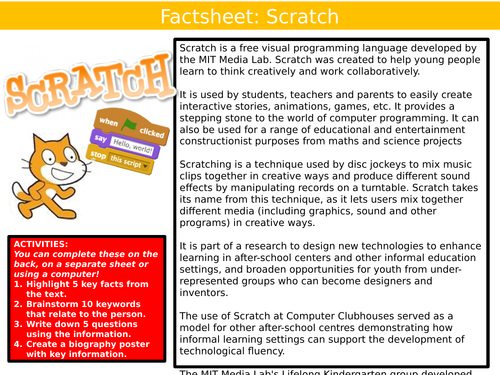 Scratch Programming Factsheet Ict Computing Starter Activity Keywords Ks3 Gcse Cover Teaching 