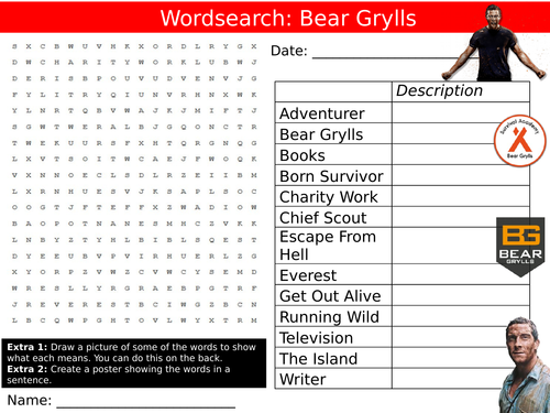 Bear Grylls Wordsearch PE Scouts Survival Starter Keywords Activity KS3 ...