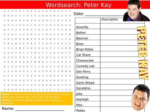 Peter Kay Wordsearch Famous People Starter Keywords Activity KS3 GCSE ...