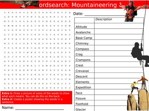 Mountaineering #1 Wordsearch PE Sports Starter Keywords Activity KS3 ...