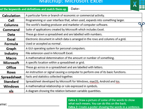 Microsoft Excel Cut And Stick Matchup Ict Computing Starter Keywords Activity Ks3 Gcse Cover