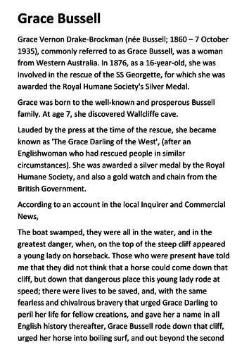 Grace Bussell Handout | Teaching Resources