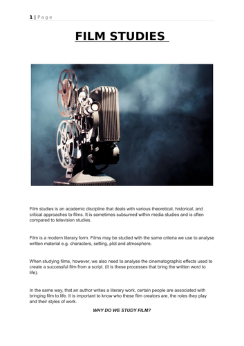 FILM STUDIES - ANALYSING FILM BOOKLET | Teaching Resources