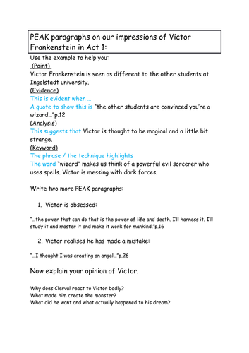 Frankenstein - the Pullman play Act 1 PEAK paragraphs | Teaching Resources