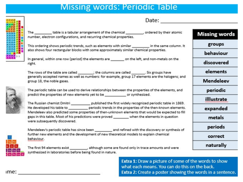 The Periodic Table Missing Words Cloze Science Starter Keywords ...