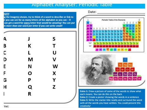 The Periodic Table Alphabet Analyser Science Starter Keywords Activity ...