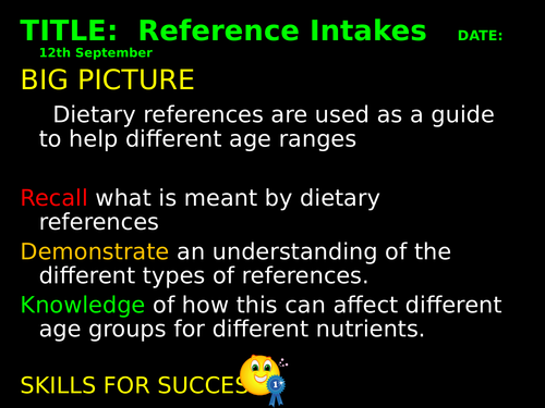 Reference intakes RDAs | Teaching Resources