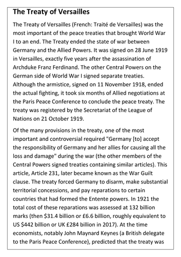 The Treaty of Versailles Handout | Teaching Resources