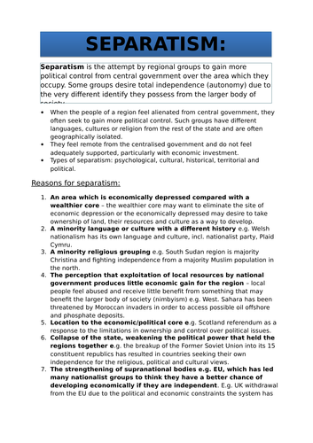 A LEVEL GEOGRAPHY SEPARATISM CAUSES AND CASE STUDY | Teaching Resources