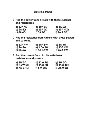 Power, current and resistance practice questions | Teaching Resources
