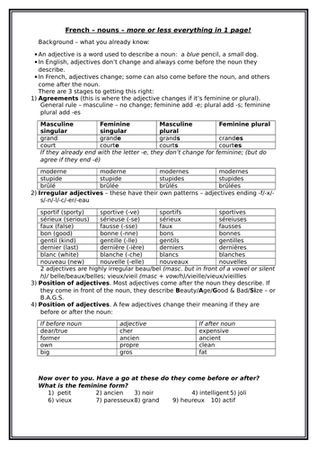 French - adjectives in 1 page | Teaching Resources