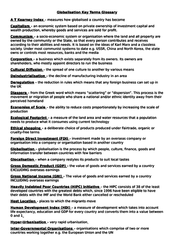 Glossary of Terms for Globalisation | Teaching Resources