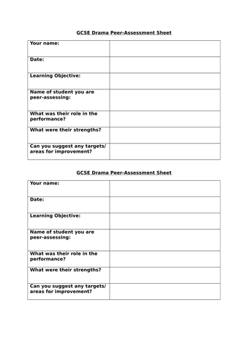 GCSE Drama Peer-Assessment sheet | Teaching Resources