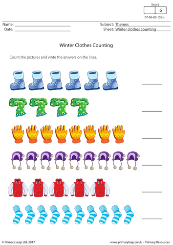 Counting Worksheet - Winter Clothes | Teaching Resources
