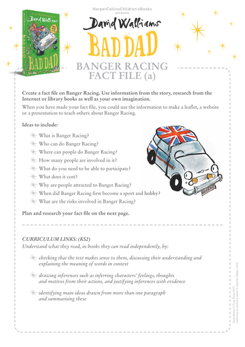 David Walliams Bad Dad Banger Racing Fact File | Teaching Resources