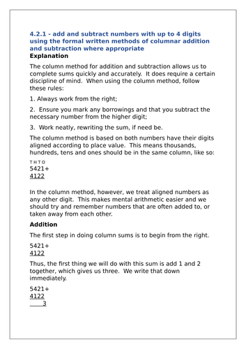 Addition and Subtraction - Four Digits (Column Method) with Checking ...