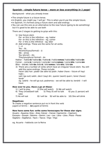 Spanish - simple future in 1 page | Teaching Resources