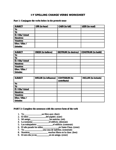 preterit i-y spelling change verbs worksheet | Teaching Resources