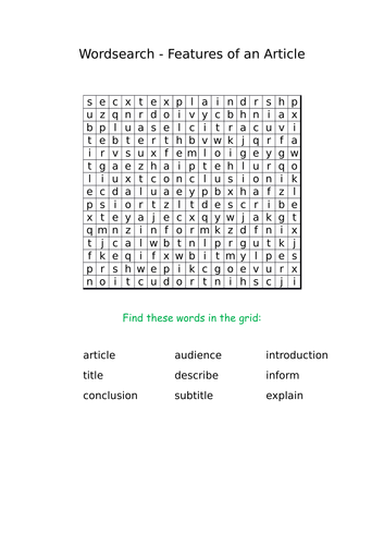 Wordsearch - Features of an article | Teaching Resources