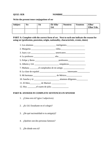 Quiz ser present tense | Teaching Resources