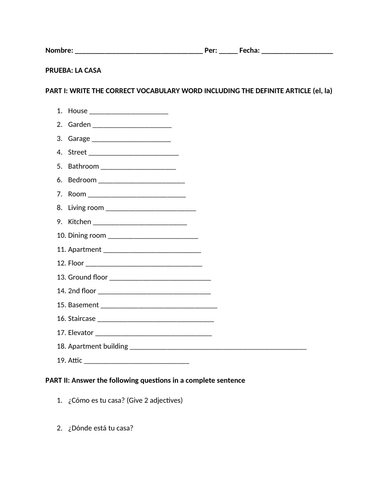 Quiz on house vocabulary (la casa) | Teaching Resources