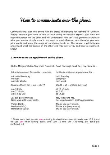 How to communicate in German over the phone | Teaching Resources