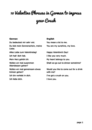 German Valentine Phrases | Teaching Resources