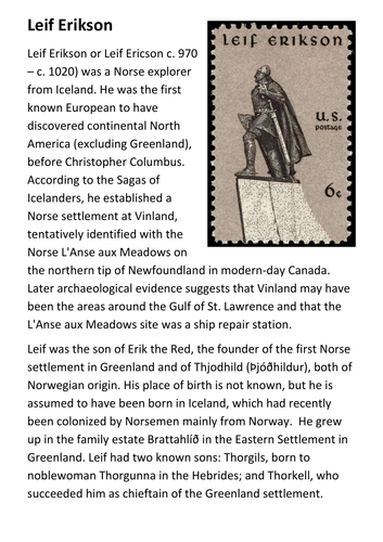 Leif Erikson Handout | Teaching Resources