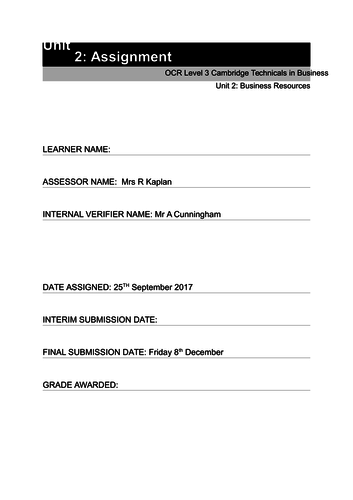 CTEC Business Level 3 Assignment for Unit 2 Business Resources ... CTEC Business Level 3 Assignment for Unit 2 Business Resources ...