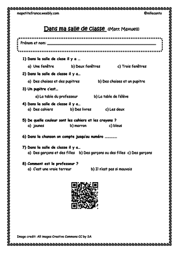 Worksheet chanson "Dans ma salle de classe" | Teaching Resources