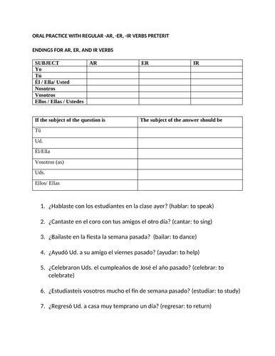 preterite tense oral practice with regular verbs | Teaching Resources