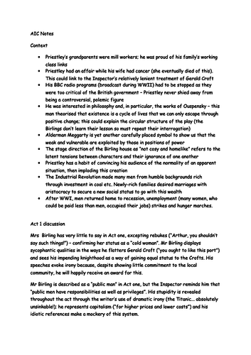 'An Inspector Calls' detailed notes | Teaching Resources