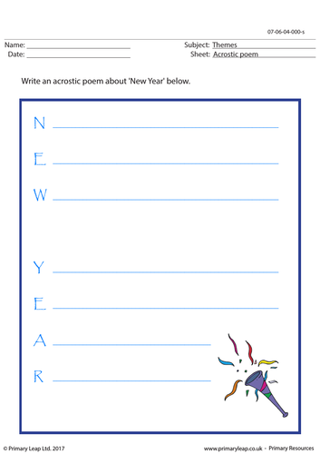 New Year Worksheet - Acrostic Poem | Teaching Resources