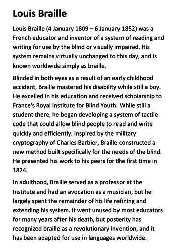 Louis Braille Handout | Teaching Resources