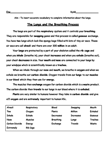 Cloze Pro Acitvity - Fill in the gap - Lungs - Respiratory System ...