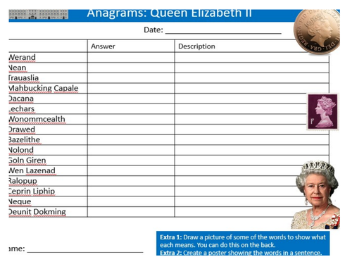 Queen Elizabeth II Anagrams Sheet Keywords KS3 Settler Starter Activity ...